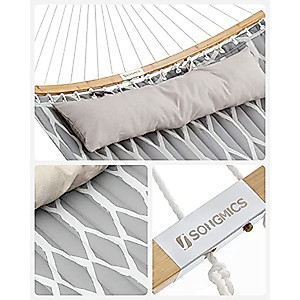 SONGMICS Hammock, Quilted Hammock with Curved Bamboo Spreaders, Pillow, 78.7 x 55.1 Inches, Portable Padded Hammock Holds up to 495 lb, Gray and Beige Rhombus UGDC034G02