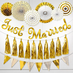 Wedding Decorations Set (Gold), Bridal Shower Decoration w/ Just Married Banner, Party Bunting Banner, 10 Tassels Garland & 6 Paper Fans, Wedding Reception Party Supplies by Pixipy