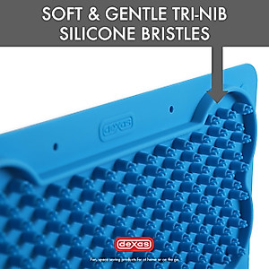 Dexas Snack & Distract Licking Mat with Catch Tray for Dogs and Cats-9.5"x 5.5", Pro Blue. Sticks to Most Slick or Smooth Surfaces. Eases Anxiety, Prevents Boredom, Entertains and Distracts.