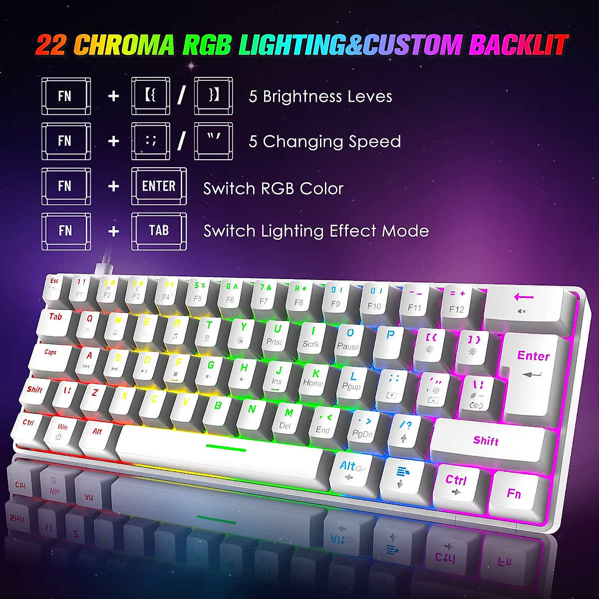 SELORSS Mini 60% Wired Mechanical Gaming Keyboard,22 RGB Chroma Backlit, Compact 62 Full Anti-ghosting Keys, USB C Cable,Replaceable Keycaps,Tactile Switch for Gamer/Typist/Xbox/PC/Win/Mac(White)