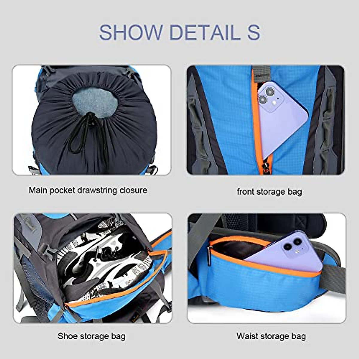 DADAYIYO 70L Large Capacity Waterproof Ultralight Hiking Backpack ,Outdoor Sport Travel Daypack for Climbing Camping (Sky Blue), 27.6*13*9.4 inch (2201)