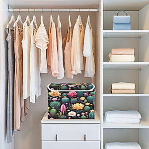 FUGIDOG Storage Boxes with Lids and Handles Watercolour Cactus Foldable Fabric Storage Bins Closet Organizer Large Toy Clothes Containers for Home, Bedroom, Shelves, Office