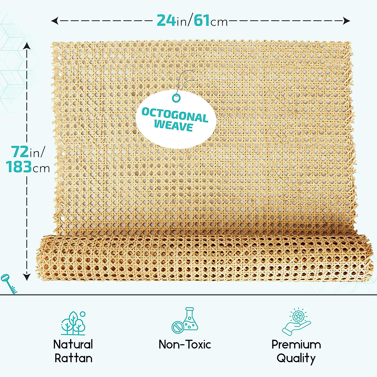 Cane Webbing Roll 24" Wide - Open Mesh Rattan Roll - Woven Cane Material Rattan Fabric Sheets Open Weave Wicker Material for Chair Caning Kit, DIY Supplies, Furniture Repair, Replacement Kit (2'x6')