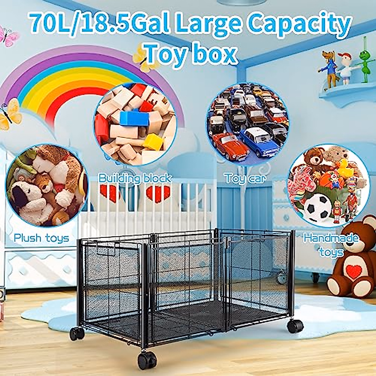 Foldable Large Toy Storage and Organizer with 4 Slient Wheels, Rolling Toy Chest for Baby Boys Girls,72L Metal Collapsible Toy Storage Bin, 1-Minute Assembly Toy bin- 1 Pack