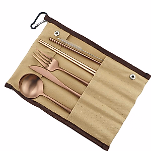 Gugrida Reusable Travel Utensils, 7 Piece Portable 304 Stainless Steel including Knife Fork Spoon Chopsticks Cleaning Brush Straws Portable Pouch, Eco-friendly Camping Silverware Set, Dishwasher Safe