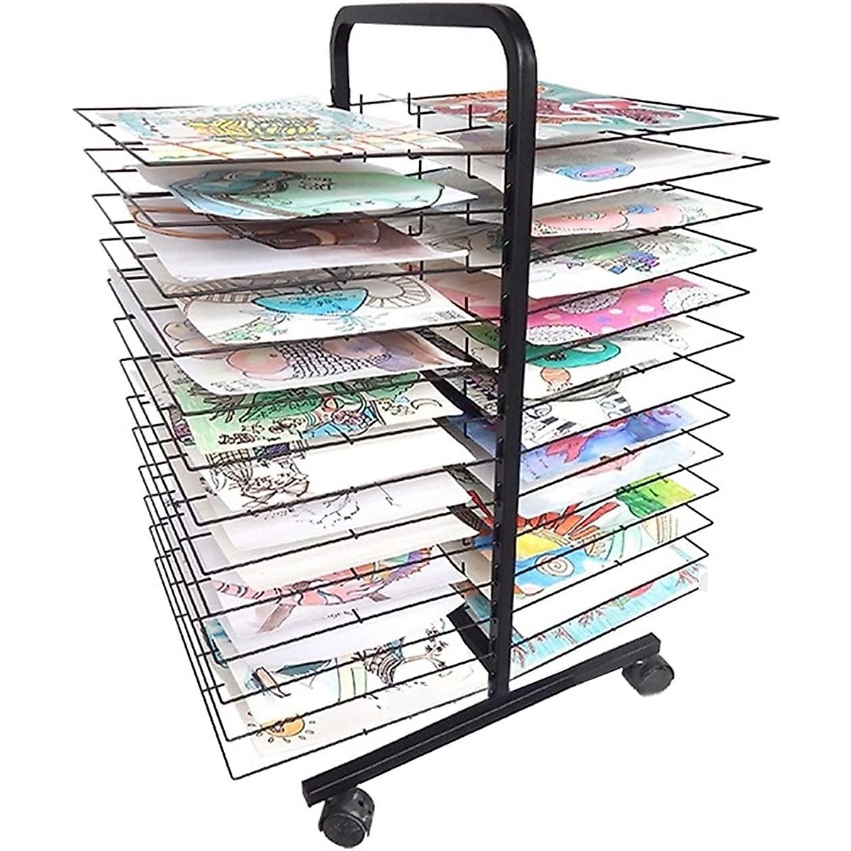 Drying & Print Racks，Back-to-Back 13-Shelf Mobile Drying Rack with 26 Wire Shelves for Mobile Classrooms Art Studios and Home Use