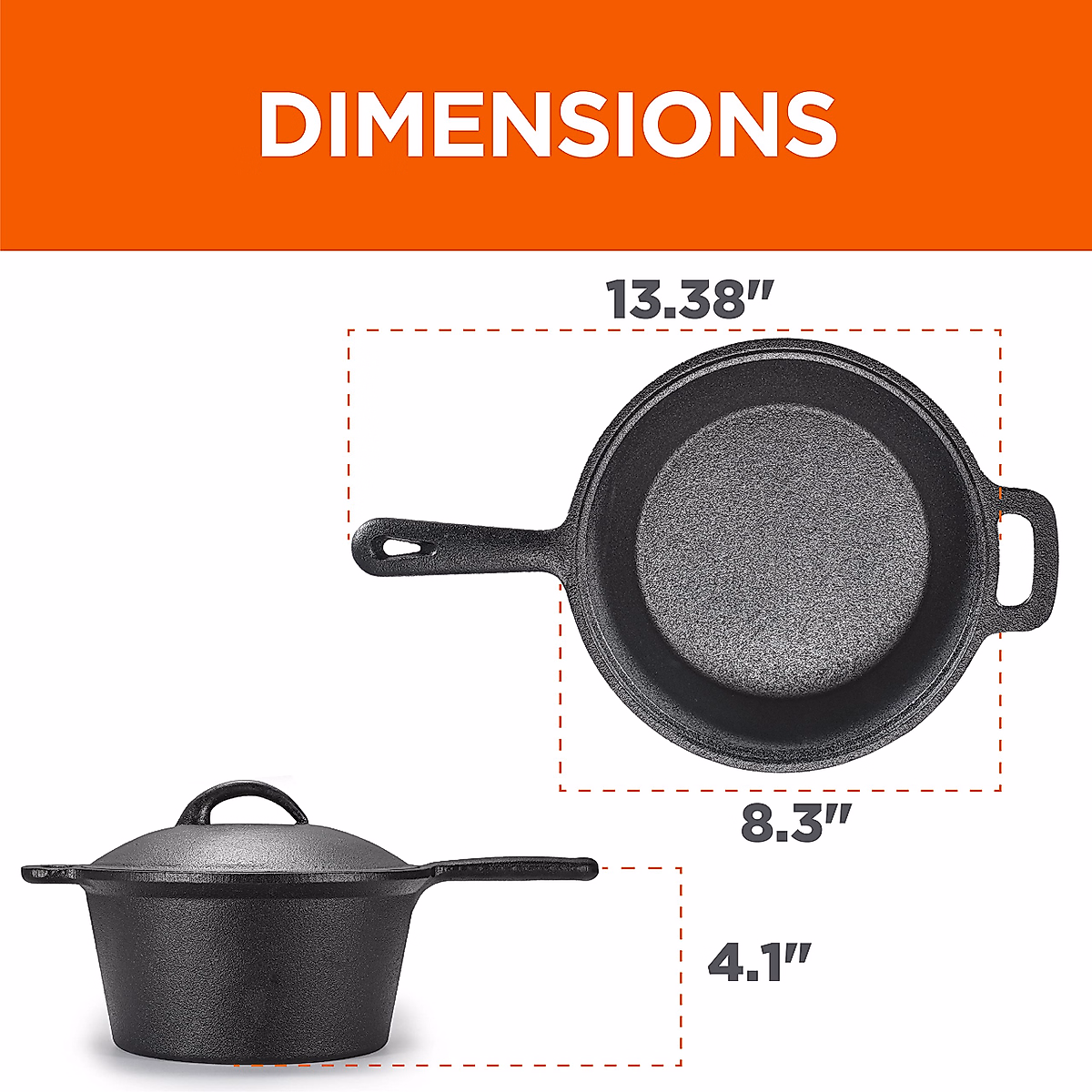 COMMERCIAL CHEF 2 Quart Cast Iron Saucepan, Dutch Oven Cast Iron Saucepan with Lid and Looped Handle, Camping Cookware & Sauce Pan for Indoor & Outdoor Recipes Black