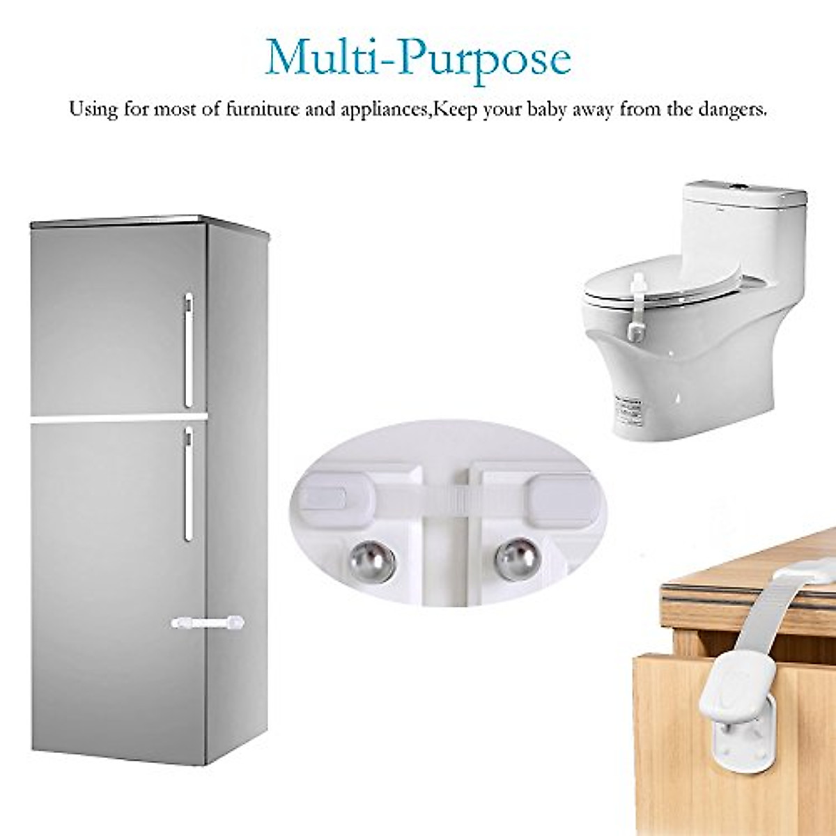 Baby Safety Locks | Child Proof Cabinet, Drawer, Appliances, Toilet Seat, Fridge and Oven & More | No Tools or Driling Required | Use 3M adhesive with Adjustable Strap and Latch System - 6 Pack, White