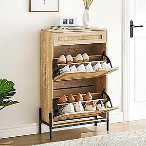 GAOMON Natural Rattan 2 Flip Door with 1 Drawer Shoe Rack Storage Cabinet, Shoe Cabinet Organizer Freestanding with 3-Tier Adjustable Shelves for Entryway, Entrance Hallway (2 Flip Doors, Oak Color)