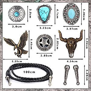 SAILIMUE 6Pcs Handmade Bolo Tie for Men Western Cowboy Leather Necktie Native American Necklaces Natural Tiger Eye Stone Turquoise Cow Skull Eagles Bolo Tie Costume Accessories for Men Women