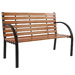 VINGLI 48" Garden Wooden Bench,2-Person Slatted Bench,Deck Hardwood Cast Iron Chair for Patio Front Porch Path Yard Lawn