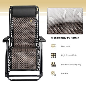 Incbruce Zero Gravity Folding Recliner Chair, Adjustable Patio Lounge Chaise, Outdoor Wicker Rattan Furniture with Cup Holder and Pillow for Poolside, Yard, Beach (Gradient Brown)