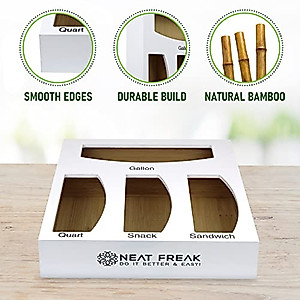 Neat Freak Baggie Organizer Dispenser – 4-in-1 Ziploc Bag Storage Organizer for Drawer – Bamboo Baggie Organizer For Wall– Ziploc Bag Organizer for Quart, Snack, Gallon, Sandwich - White Color.
