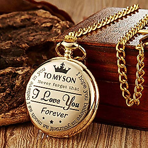 Golden Pocket Watch to Son I Love You Forever Gifts from a Mom Dad Engraved Fob Watches Chains for Kids