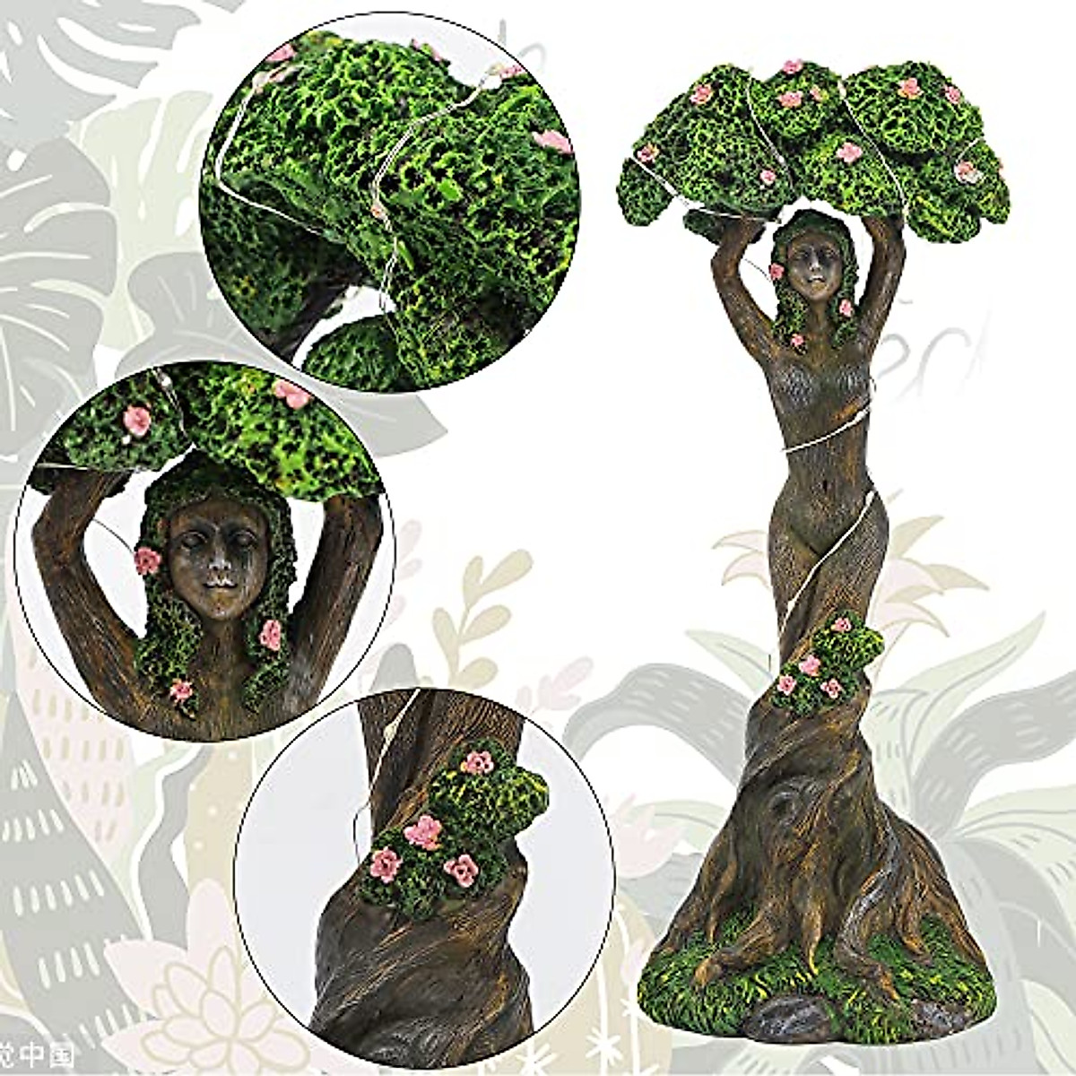 FORUP 14 Inch Tree Goddess Garden Statue, Resin Dryad Garden Figurine with 18 LEDs, Solar Powered Lighted Garden Sculpture for Outdoor Patio Lawn Yard Garden Decorations