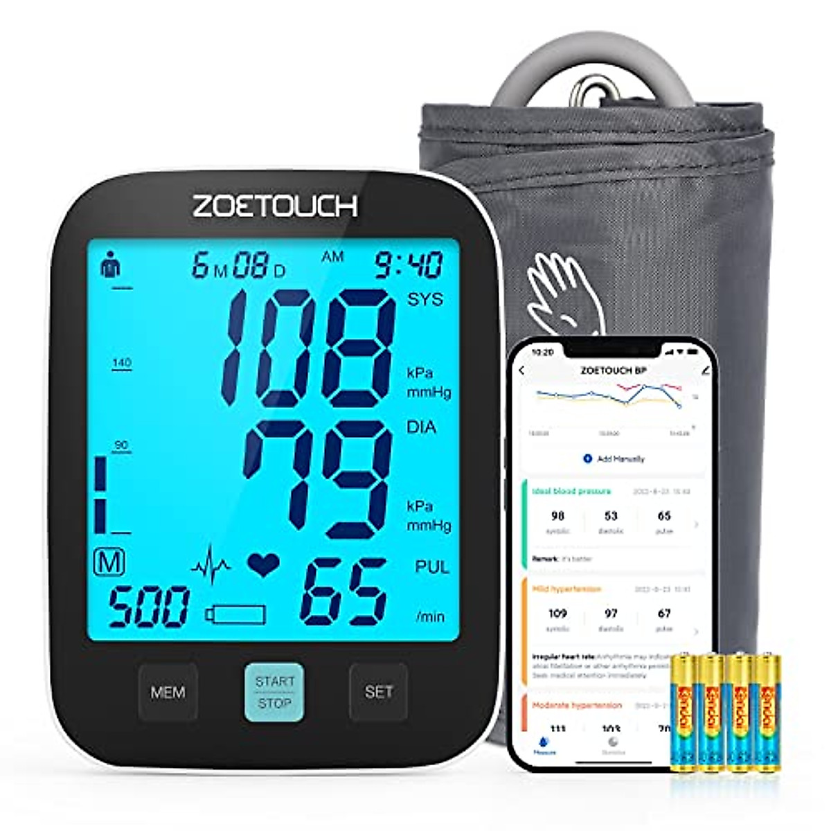 ZOETOUCH Bluetooth Blood Pressure Monitors for Home Use High Blood Pressure Machine, Smart Automatic Upper Arm BP Monitor Large Cuff, 500 Set Memory, Battery Included,LCD Backlit,Offline Storage