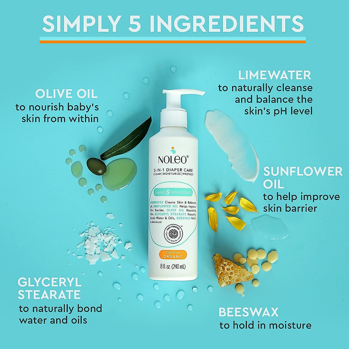 Noleo 3in1 Diaper Care with Organic Cotton Rounds - 300ct Lint Free Small Cotton Rounds - 8oz All-in-One Baby Cleanser, Lotion & Diaper Rash Cream