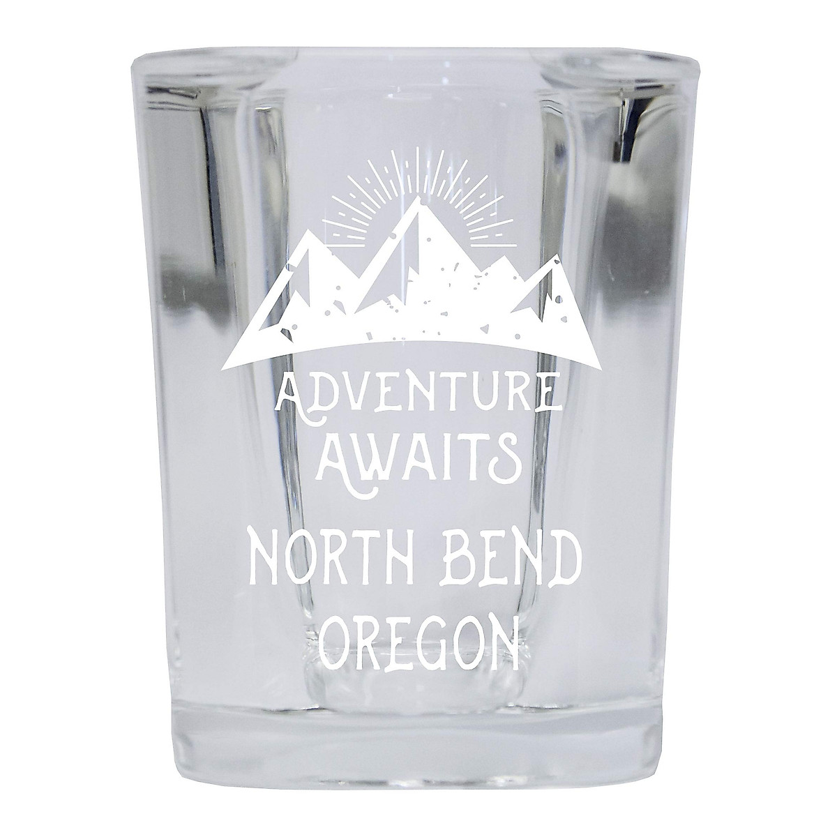 R and R Imports North Bend Oregon Souvenir Laser Engraved 2 Ounce Square Base Liquor Shot Glass Adventure Awaits Design