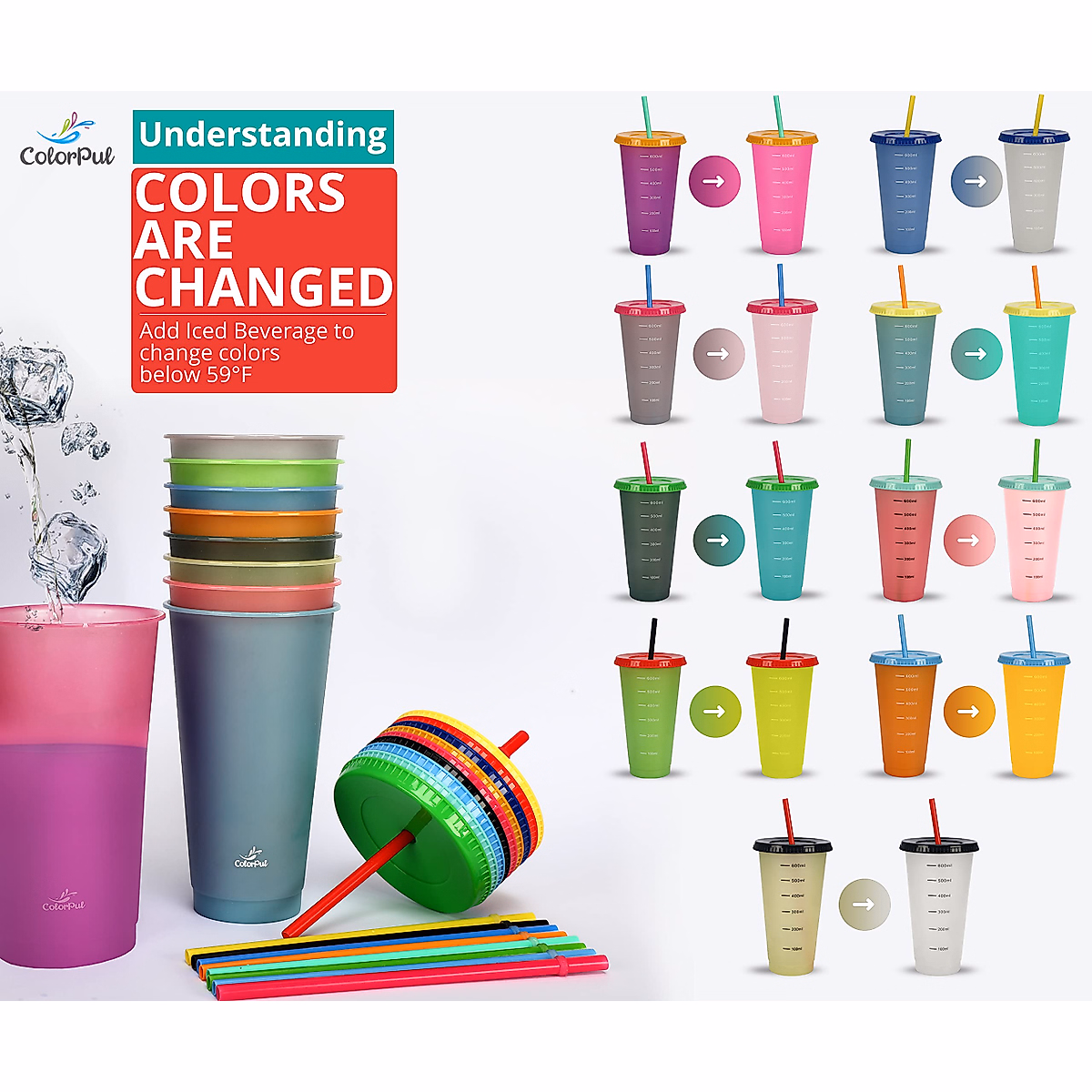 COLORPUL 24oz Plastic Tumblers - 9 Pack Color Changing Cups With Lids and Straws - Reusable Smoothie Cups for Kids
