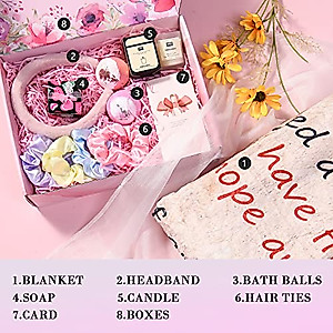 Gifts for Mom, Mothers Birthday Gifts Blanket 50 * 60 inch Basket for Mom Self Care Women Gift Box to My Mom from Daughter Son Includes Bath Balls Candle Soap Headband Hair Ties