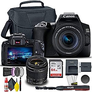 Canon EOS 250D / Rebel SL3 DSLR Camera with 18-55mm Lens (Black), Creative Filter Set, EOS Camera Bag, Sandisk Ultra 64GB Card, 6AVE Electronics Cleaning Set, and More (Renewed)