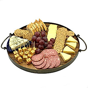 Wrightmart Handmade Round Wooden Serving Tray with Handle, Decorative Food Charcuterie, Beverage Server, Hand Shaped, Displays Natural Variations, Size May Vary Slightly, 14” Diameter