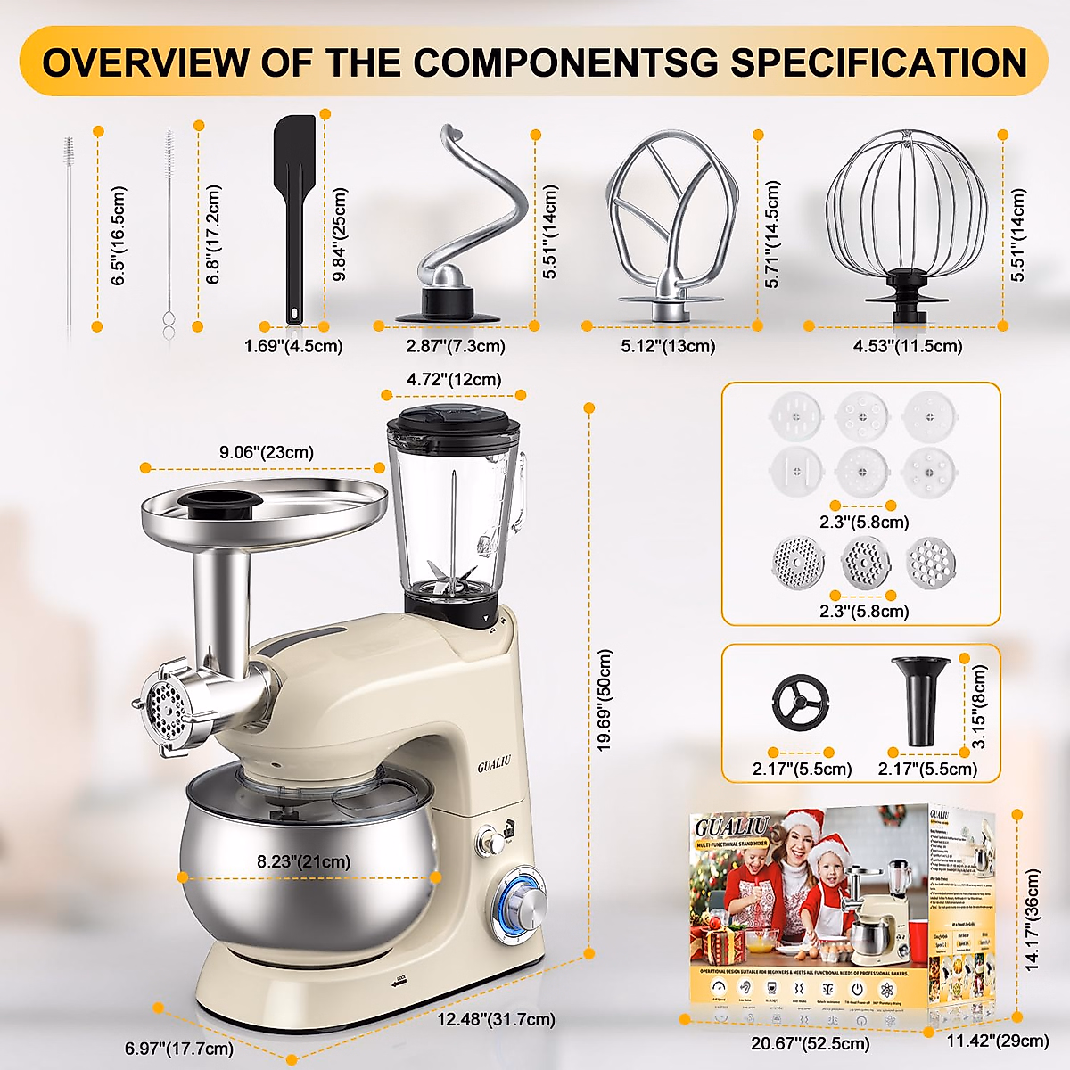 GUALIU 7-IN-1 Stand Mixer, 6+P Speeds Kitchen Electric Mixer, 5.3QT Stainless Steel Bowl Mixer With Dough Hook, Whisk, Beater, Meat Grinder, Blender, Multifunctional Household Kitchen Mixer