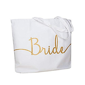 ELEGANTPARK Bridal Shower Gifts for Bride Bag Bride Gifts Wedding Gift for Bride Tote Bag Jumbo Shoulder Bag with Pocket Gold Glitter White 100% Cotton