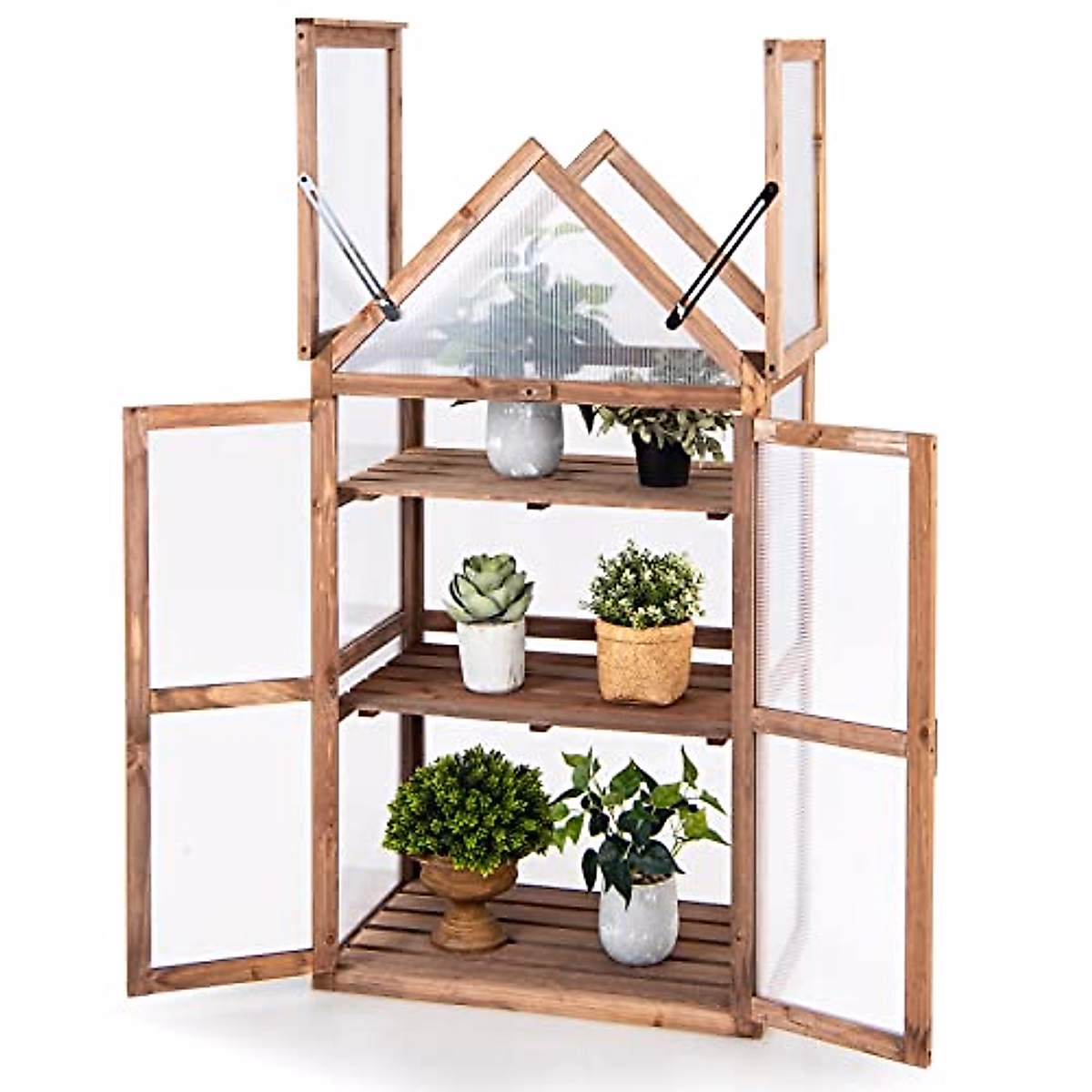Giantex 3-Tier Garden Cold Frame, Portable Wooden Mini Greenhouse Storage Shelves, Transparent Flip-Top Roof, Indoor & Outdoor Raised Flower Planter for Garden, Patio, Balcony