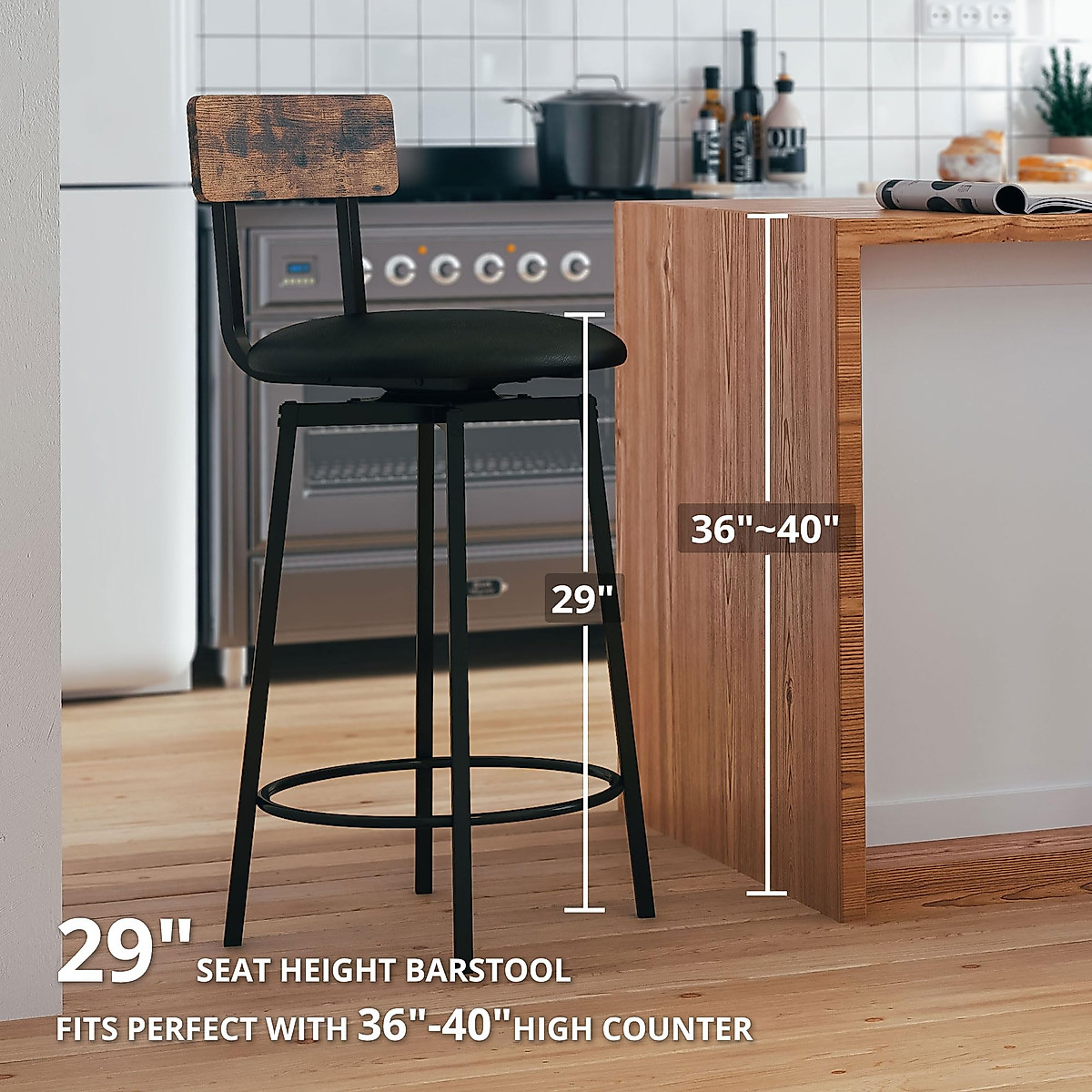 IRONCK Bar Stools Set of 2, Wider Base PU Upholstered Swivel Barstools for Kitchen Island, Thick Cushion Stools with Footrest for Dining Room Kitchen Counter Bar, Rustic Brown and Black