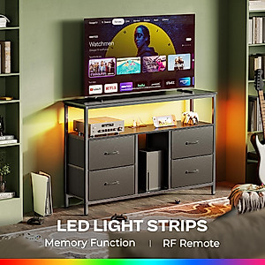 Huuger TV Stand Dresser with Power Outlets and LED Lights, 4 Drawers Entertainment Center with Open Shelf, Media Console for 50 43 Inch TV, Dresser with PU Finish, Black