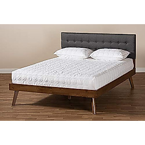Wholesale Interiors Baxton Studio Devan Mid-Century Modern Dark Grey Fabric Upholstered Walnut Brown Finished Wood Full Size Platform Bed