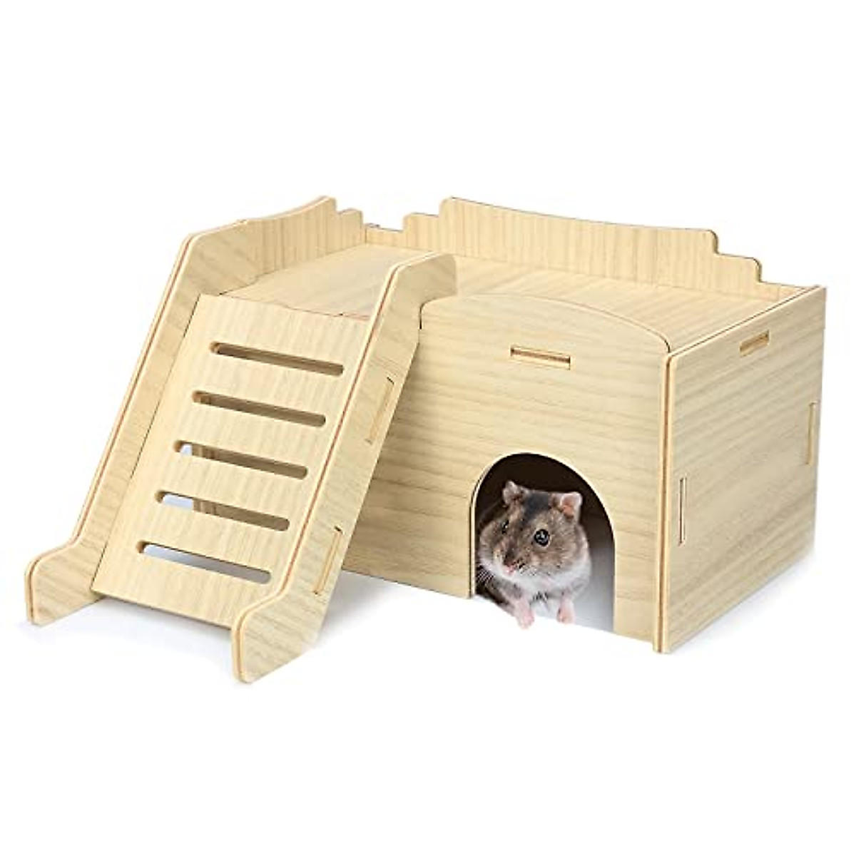 Jevnd Syrian Hamster Hideout, Woodland Hamster House Habitats Decor, Gerbil House with Climbing Ladder and Window, Detachable Hamster Toys, Handmade Hamster Hut Play/Chew/Hide for Gerbil and Lemmings