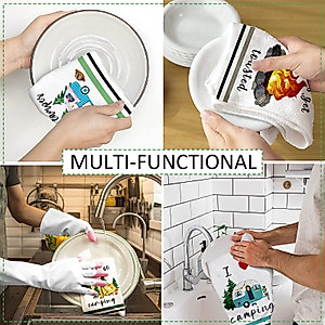 Camping Kitchen Towels Set of 4 Dish Towels Kitchen Hand Towels Kit Printed with Funny Sayings Novelty Gifts for Campers Happy Camper Camping Tent Pine Tree Farmhouse RV Decor Sign Home Decorations