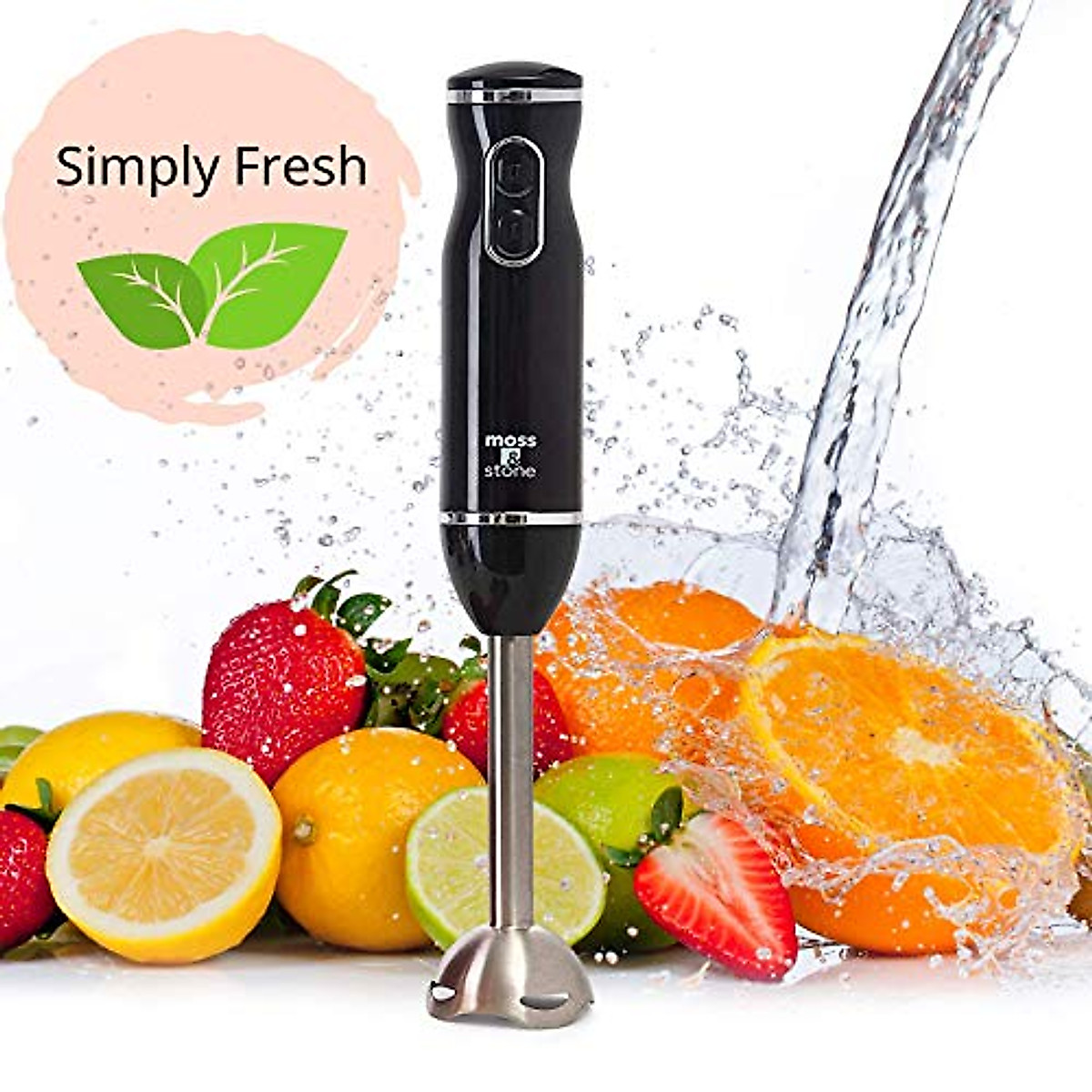 Moss & Stone Hand Blender Electric - With Egg Whisk & Chopper, Powerful 300- Watt - Immersion Hand Blender, Hand Mixer Set Stainless Steel Shaft & Blades, Handheld Blender With Ergonomic Handle (Black)