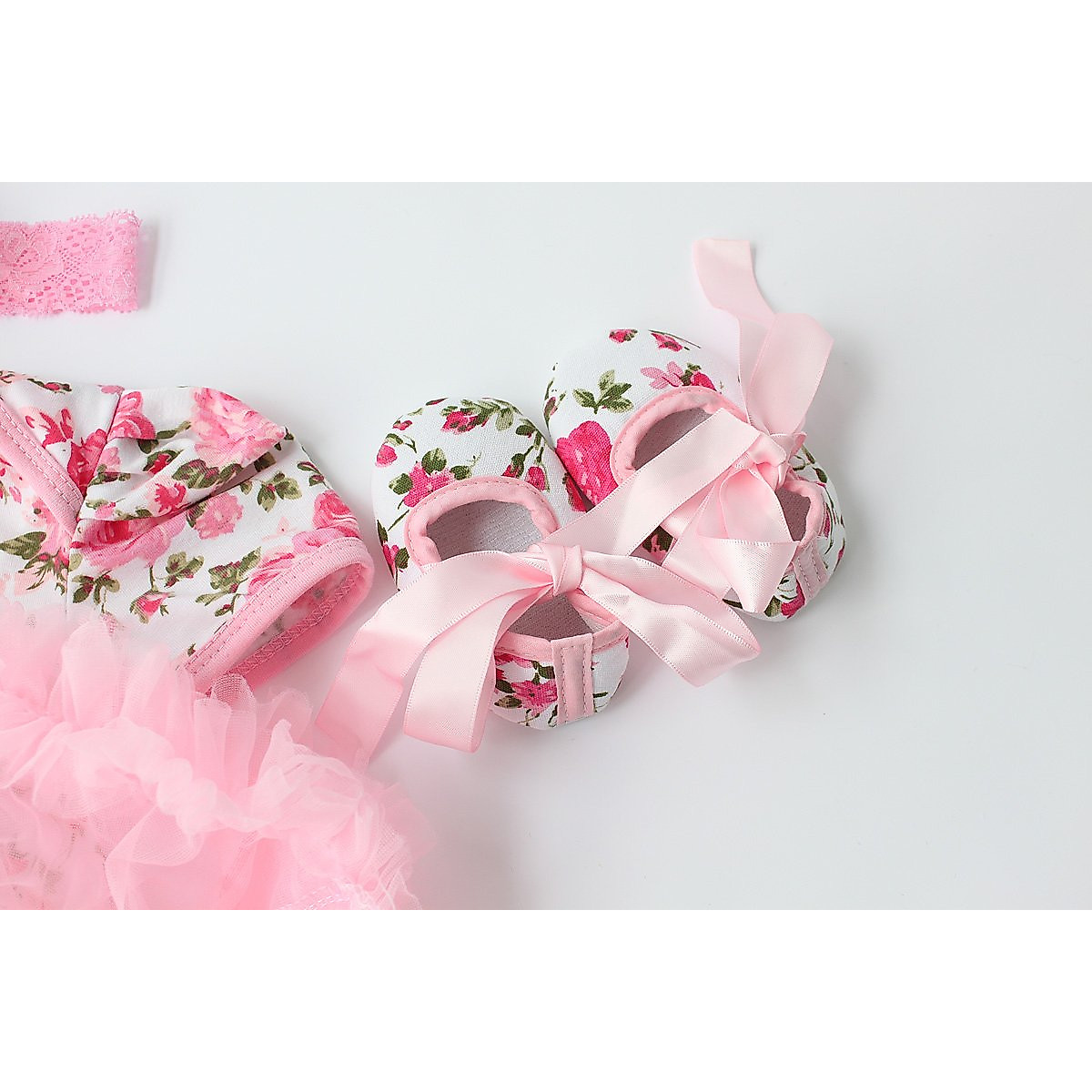 Baby Girls 3 Piece Sets Romper Dress Shoes and Headband Rose Flower Outfits Clothes Pink S:3-6Months