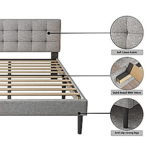 Lijimei Full Size Bed Frame with Headboard, Upholstered Bed Frame with Wood Slats Support and Platform Headboard, Mattress Foundation, No Box Spring Needed, Easy Assembly, Noise Free, Light Gray