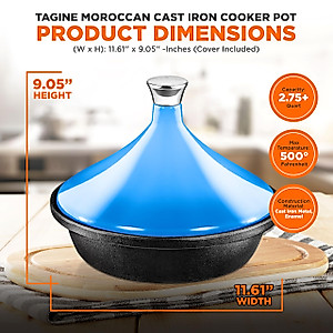 NutriChef Cast Iron Moroccan Tagine - 11.6 Inch Tajine Cooking Pot with Stainless Steel Knob, Enameled Base, Cone-Shaped Enameled Lid - Oven and Dishwasher safe - 2.75 Quart, Blue