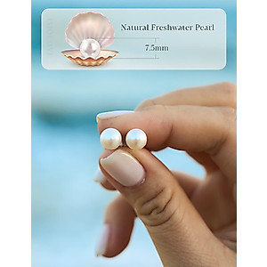 IMOLOVE AAA+ Handpicked White Real Pearl Earrings for Women with 7.5mm Round White Freshwater Genuine Cultured Pearls Stud Earrings for Women Sterling Silver with 18K White Gold Plated