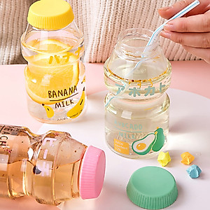 Yirepny Plastic Water Bottle Yakult Shape, Strawberry Lemon Avocado Peach Cartoon Pattern Suitable for Children Boys And Girls Can be Filled With Milk Coffee Cold Drinks Yellow