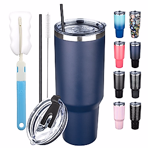GUDEMAO 40 oz Tumbler with Lids and Straws, Stainless Steel Insulated Coffee Tumbler, Double Wall Vacuum Insulated Travel Mug Cup, Leakproof Thermal Coffee Cup for Hot and Cold Drinks (Navy Blue)