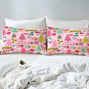 Erosebridal Pink Christmas Comforter Set, Cartoon Santa Claus Bedding Set Full Size for Kids Boys Girls Women, Snowman Pine Duvet Sets Christmas Tree Cute Deer Down Comforter Xmas Decor,2 Pillowcases