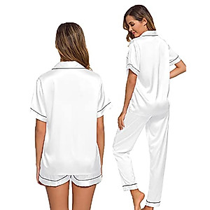 SWOMOG Womens 3pcs Satin Pajamas Shorts Set Button Down Short Sleeve Pjs Loungewear Long Lounge Pants with Pockets White