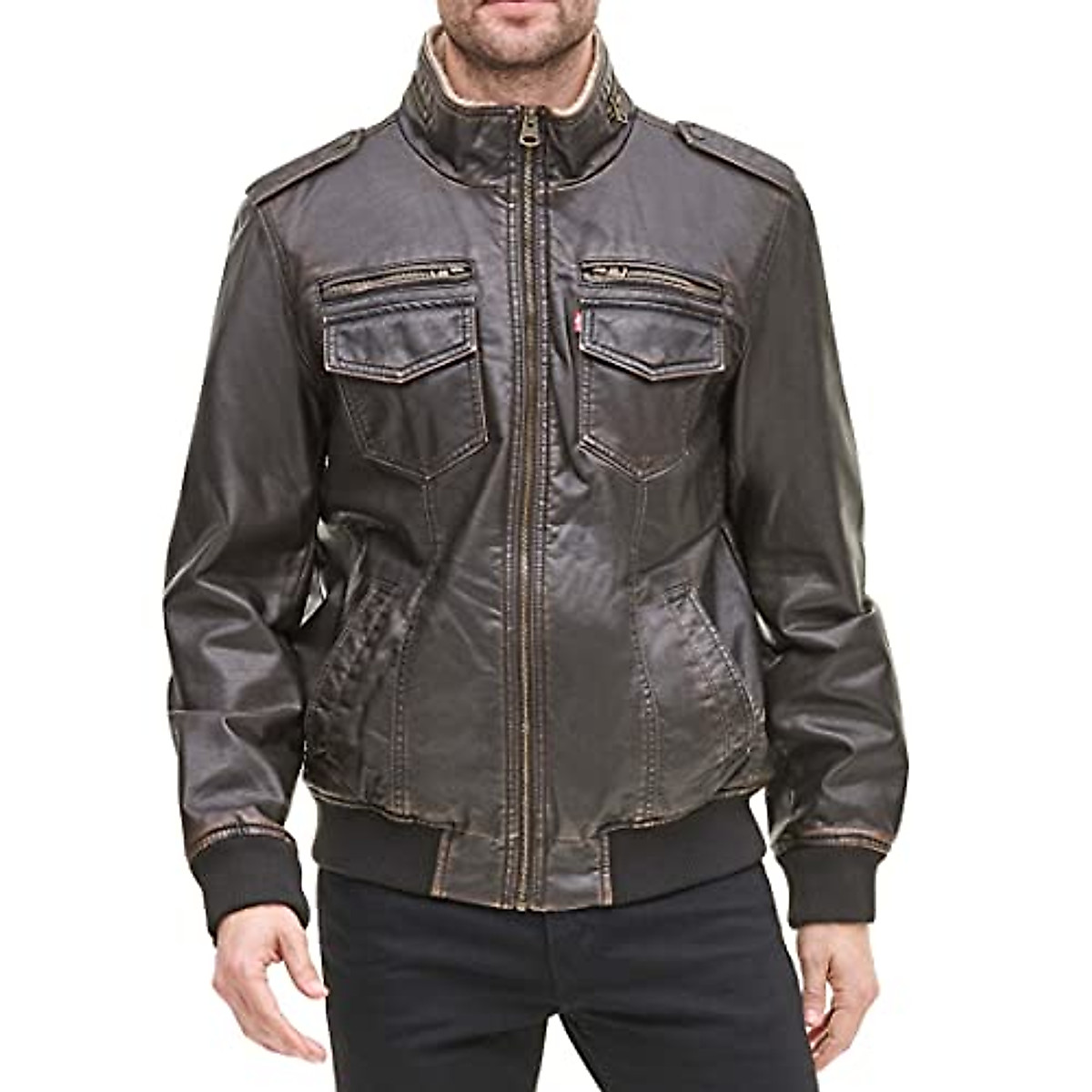 Levi's mens Vintage Deer Sherpa Lined Aviator Bomber Faux Leather Jacket, Dark Brown, Large US
