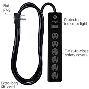 GE 6-Outlet Surge Protectors, 800 Joules & 600 Joules, 6 Ft & 10 Ft Extension Cords, Power Strips, Flat Plugs, Twist-to-Close Safety Covers, Protected Indicator Lights, UL Listed, Black