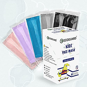 EcoGuard Kids Face Masks Disposable Made in USA, 4 Ply 5 Colored Masks Individually Wrapped Face Mask Breathable Comfortable Disposable Face Masks for Adults Small Face Men Women, 50 Pack