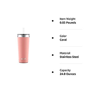 Ello Beacon Vacuum Insulated Stainless Steel Tumbler with Slider Lid and Optional Straw, 24 oz, Coral