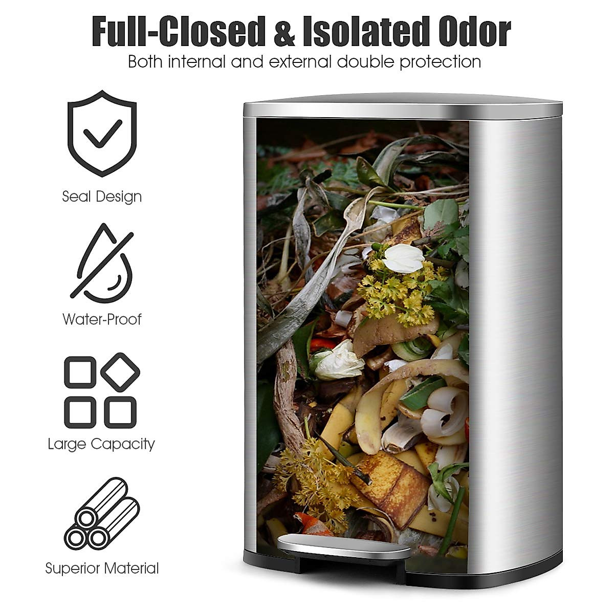 Goplus 13.2 Gallon/ 50 L Kitchen Trash Can, Anti-Fingerprint Touchless Waste Bin with Soft-Closing & Stay Open, Step-On Stainless Steel Garbage Can for Living Room Home Office