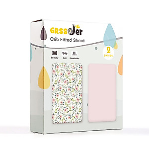 GRSSDER Stretchy Ultra Soft Jersey Knit Fitted Crib Sheets Set 2 Pack, Cozy Crib Sheet Girl Fits All Standard Crib Mattress Pads, Beautiful Pink Rose Print