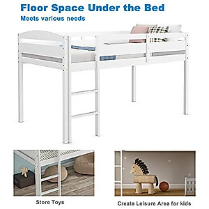Costzon Twin Loft Bed, Solid Wood Low Loft Bed w/Guard Rail and Ladder, Boys & Girls Twin Bed for Kids Room, No Box Spring Needed, Classic Children Low Loft Bed with Storage for Bedroom, White